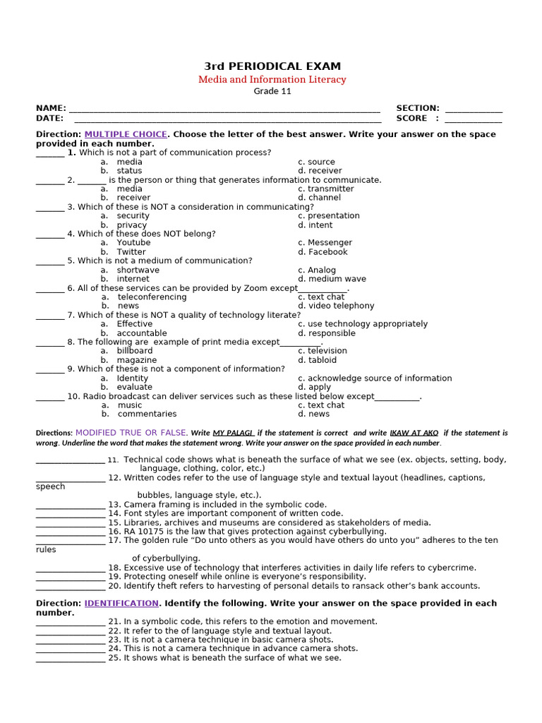 Exam New 3rd Quarter Mesia Information Literacy | PDF | Defamation | Communication