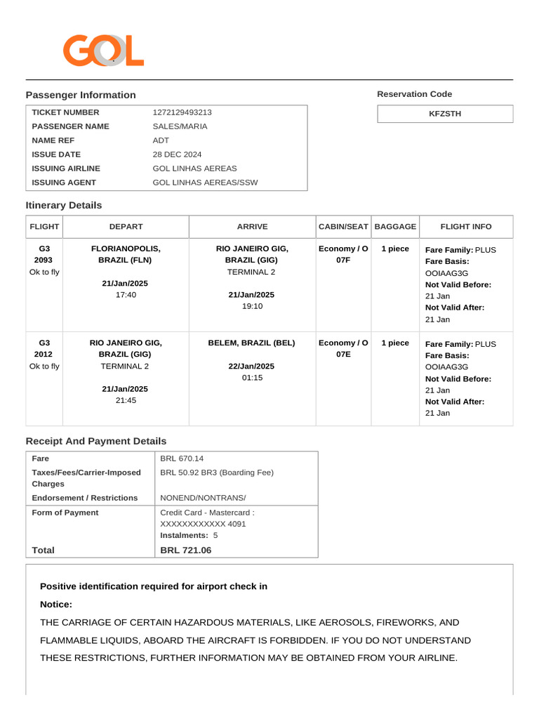 Electronic Ticket Receipt, January 21 For MARIA SALES | PDF