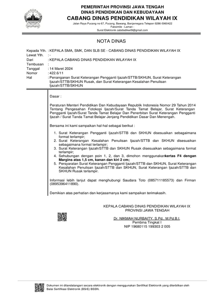 Nota Dinas Penanganan Ijazah, STTB, Dan SKHUN | PDF
