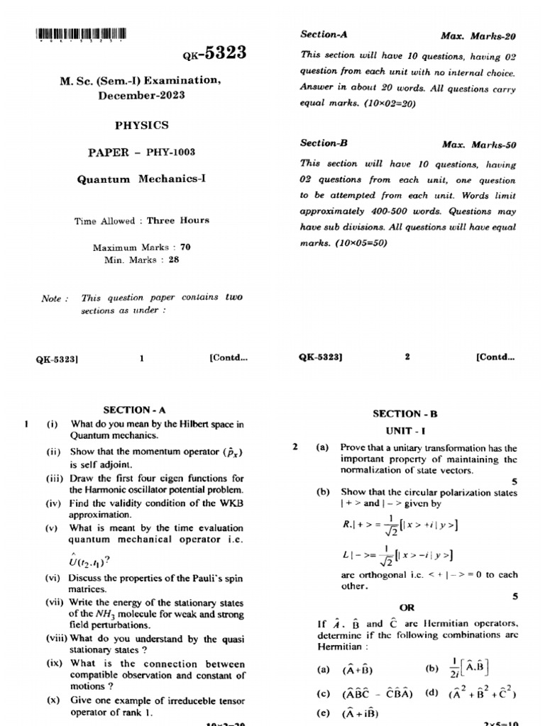 MSC 1 Sem Physics Quantum Mechanics 1 QK 5323 Dec 2023 | PDF
