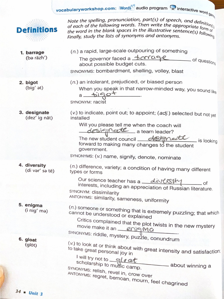 Vocabulary Workshop Unit 3 Self Study | PDF