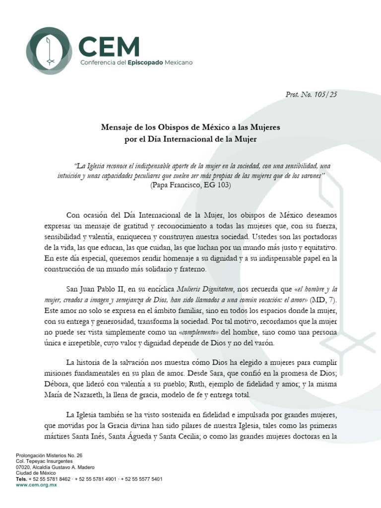 Mensaje Por El Día Internacional de La Mujer - CEM | PDF | Amor | Mujer