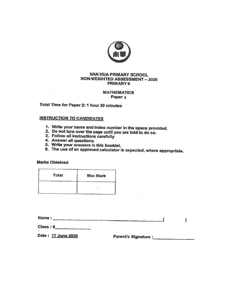 P6 Maths 2020 Nanhua Exam Paper | PDF