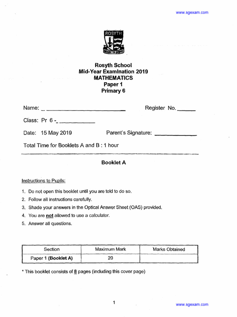 2019-P6-Maths SA1 Rosyth | PDF