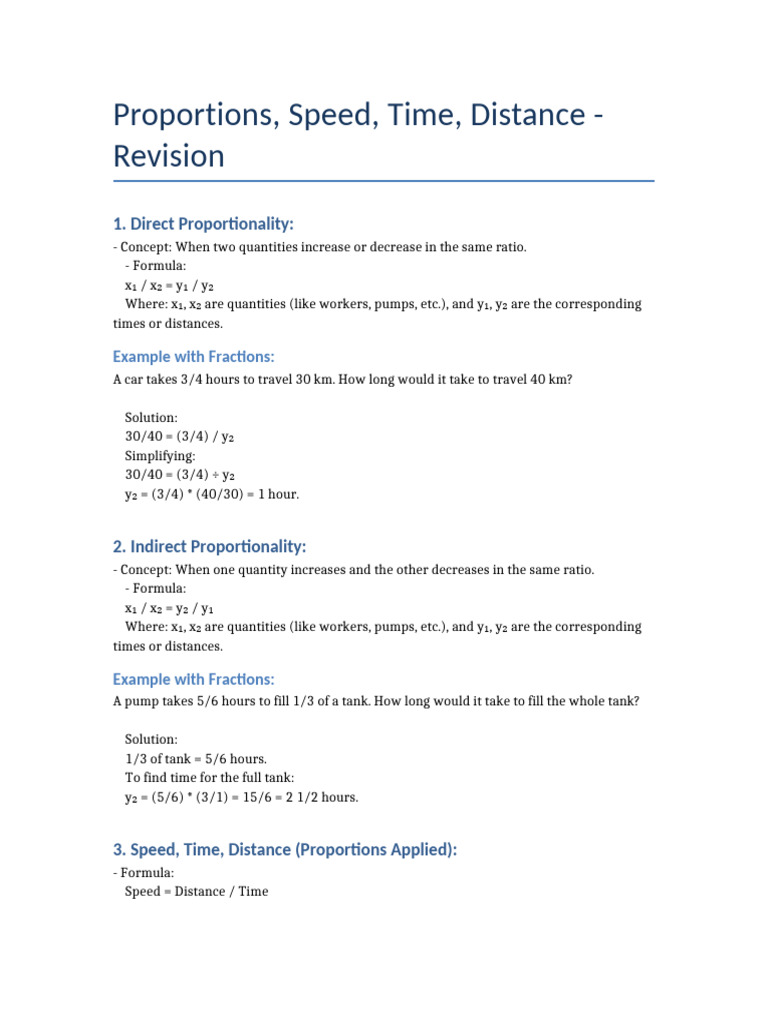 Proportions Speed Time Distance Revision | PDF