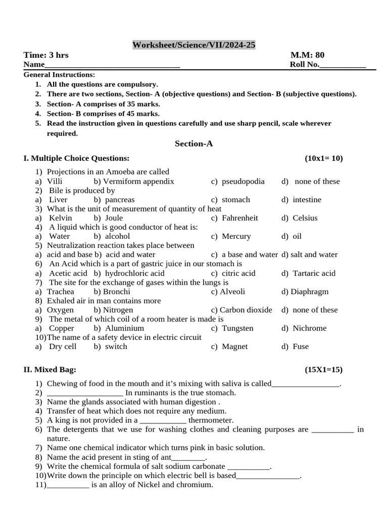 Class-VII Science Worksheet | PDF | Breathing | Hemoglobin