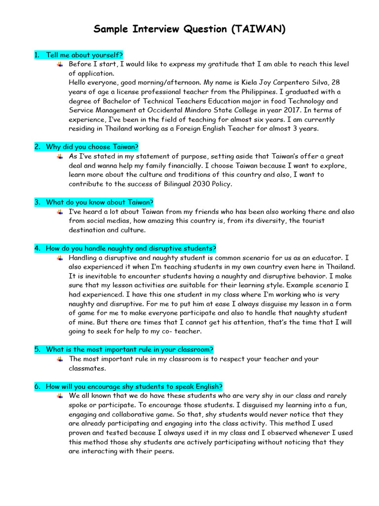 Sample Interview Question (Taiwan) | PDF | English As A Second Or ...