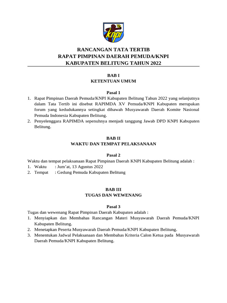 001. DRAFT RANCANGAN TATA TERTIB RAPIMDA KNPI KABUPATEN BELITUNG 2022 | PDF