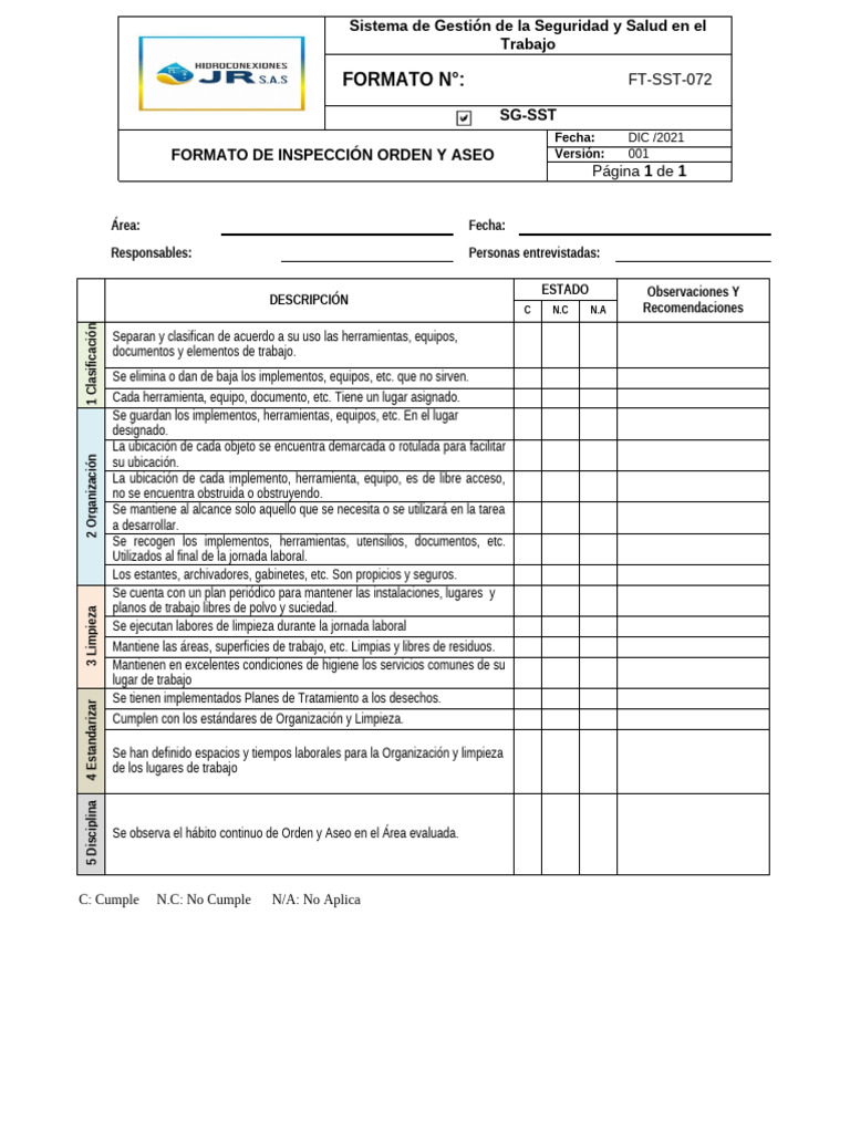 FT-SST-072 FORMATO DE INSPECCIÓN DE ORDEN Y ASEO | PDF | Higiene