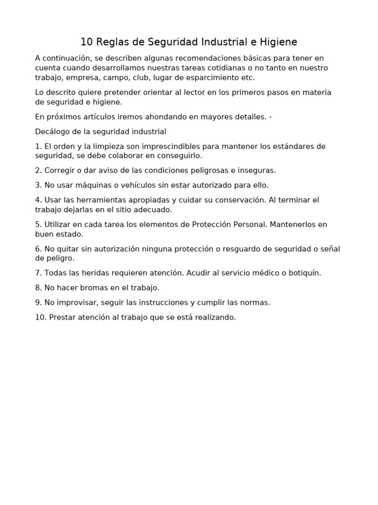 10 Reglas de Seguridad Industrial e Higiene | PDF