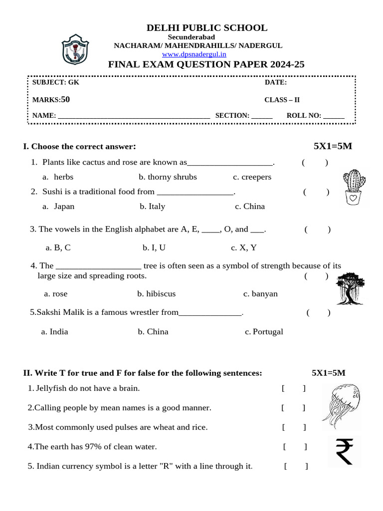 Grade2 Final Exam Question Paper 2024-25 | PDF