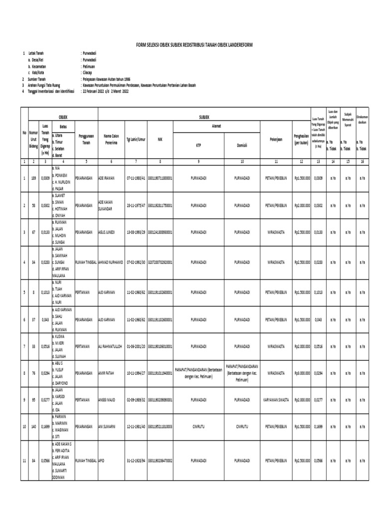 Form Seleksi Objek Subjek Purwadadi | PDF