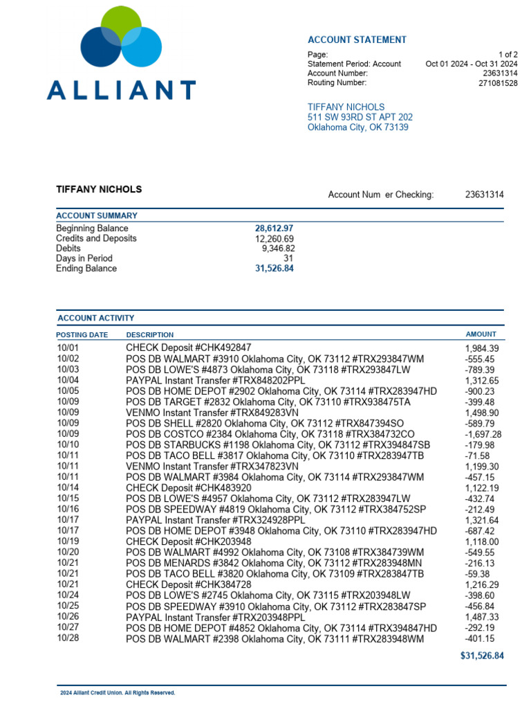 OCTOBER TIFFANYNICHOLS Alliant Credit Union Statement | PDF | Financial ...