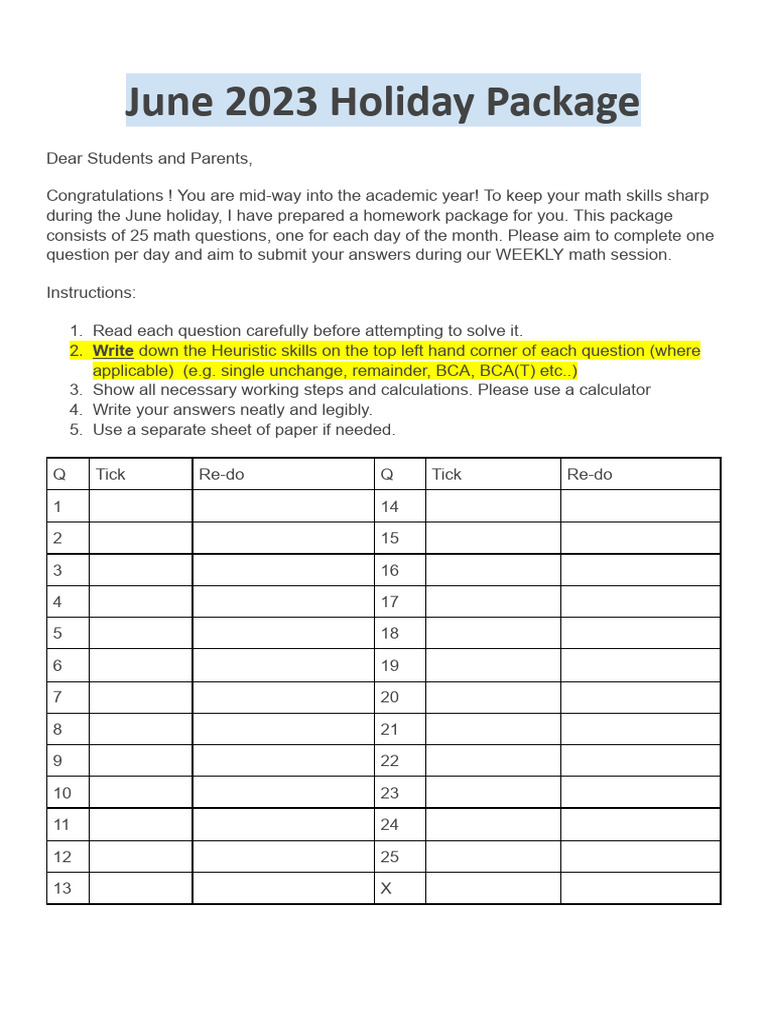 June 2023 Math Homework Package | PDF