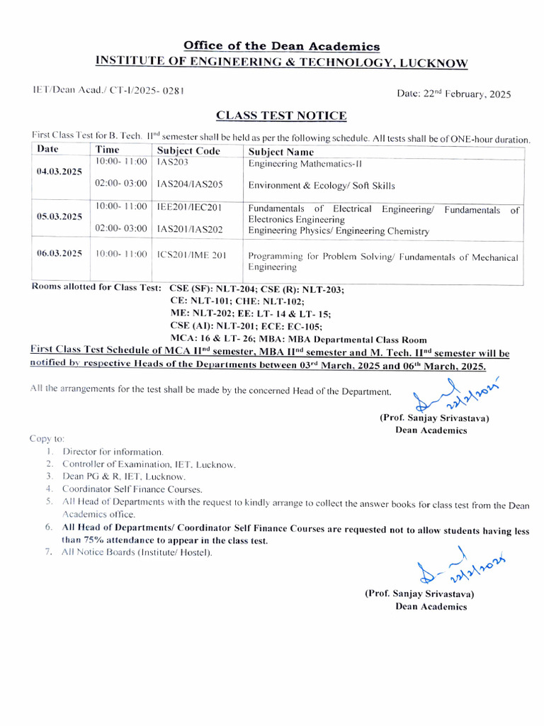Ist Class Test Notice (Even) 2024-25 | PDF | Physical Sciences ...