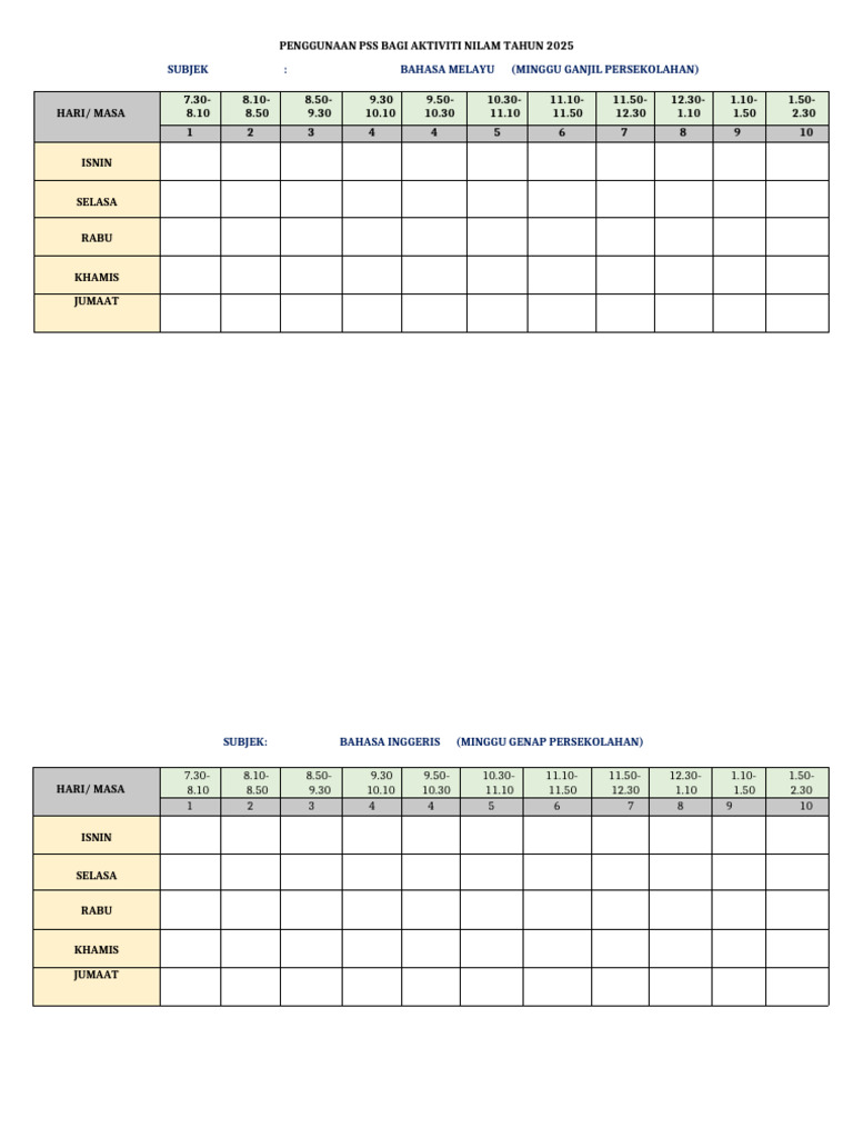 Jadual Penggunaan PSS NILAM 2025 | PDF
