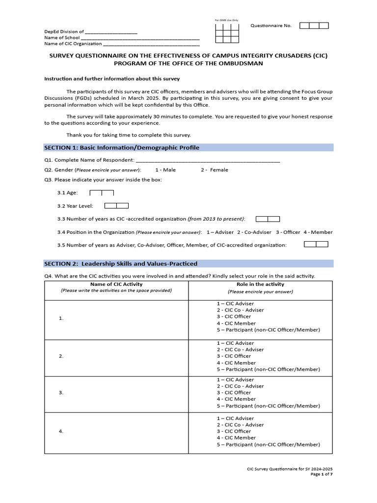 CIC Effectiveness Survey 2024-2025 | PDF | Citizenship | Social Psychology