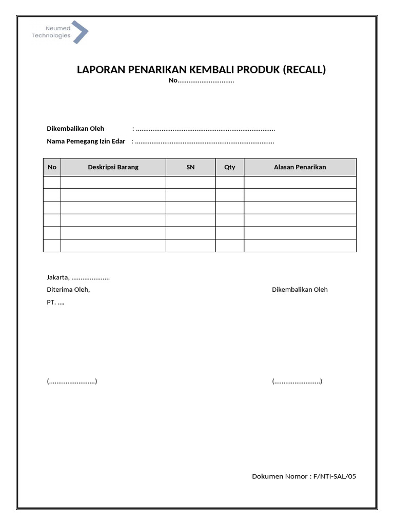 7.3.1 Form Laporan Penarikan Kembali Produk (Recall) | PDF