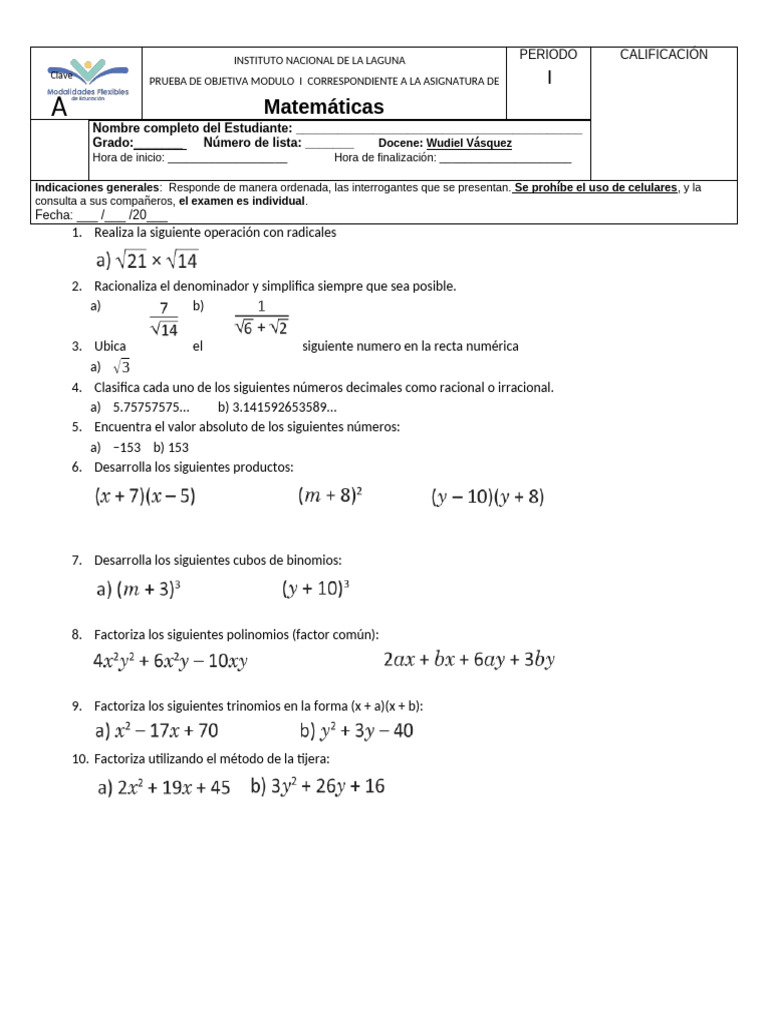 Examen Modulo 1 INDEL mate primer año | PDF