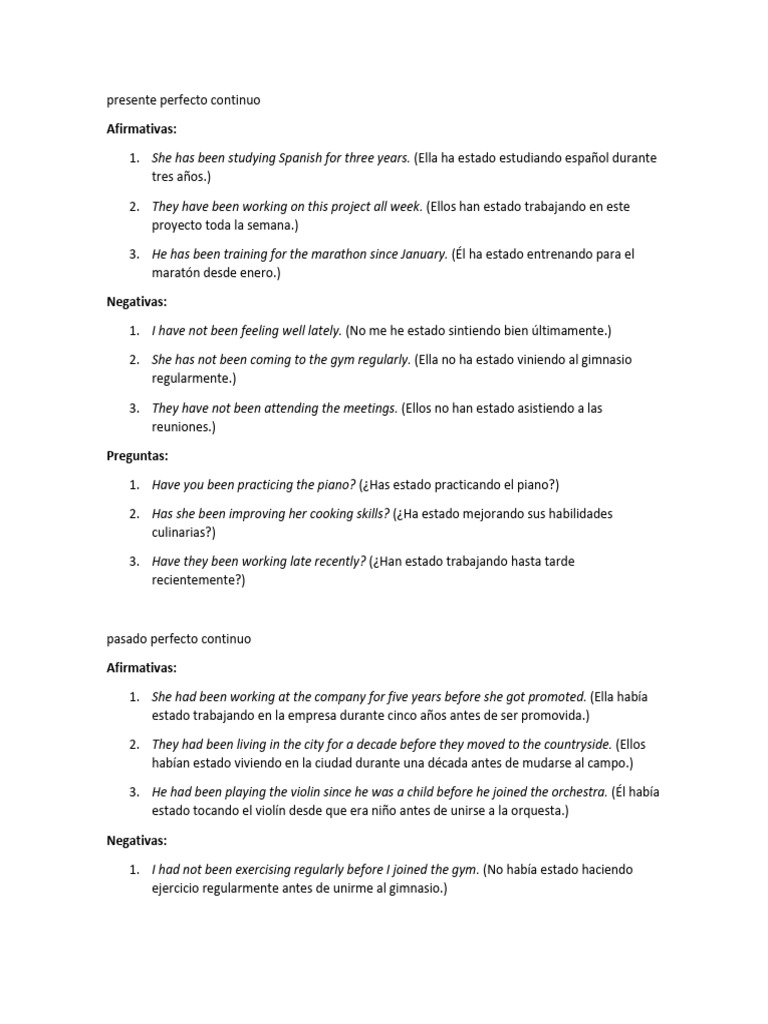 Ejemplos de Oraciones en Los Tiempos Perfectos Continuos | PDF