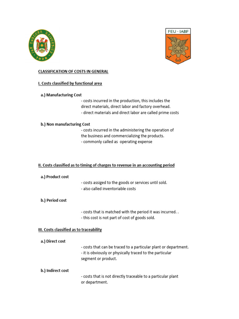 ACT1123 - Handouts On Cost Concepts, Classifications and Behavior | PDF | Accounting | Financial ...