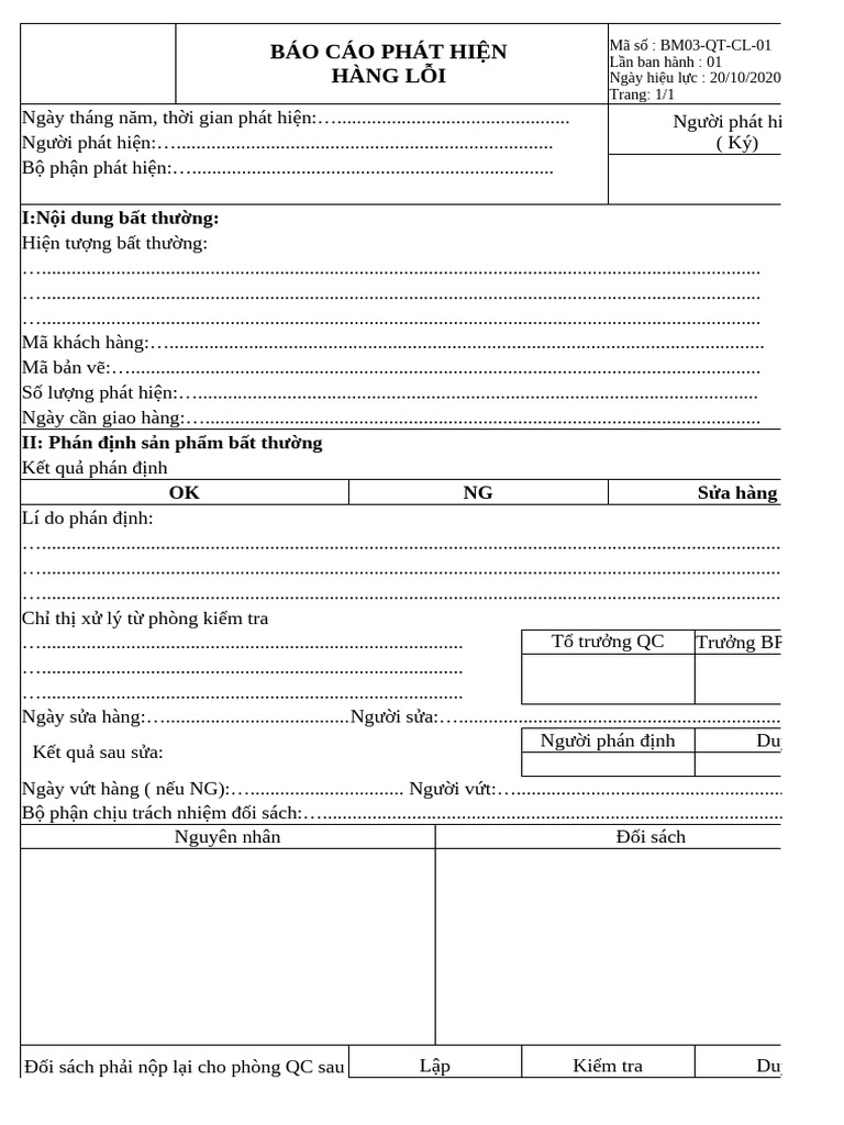 BM03-QT-CL-01 Bao Cao Phát Hiện Sản Phẩm Hàng Lỗi (Sửa) | PDF