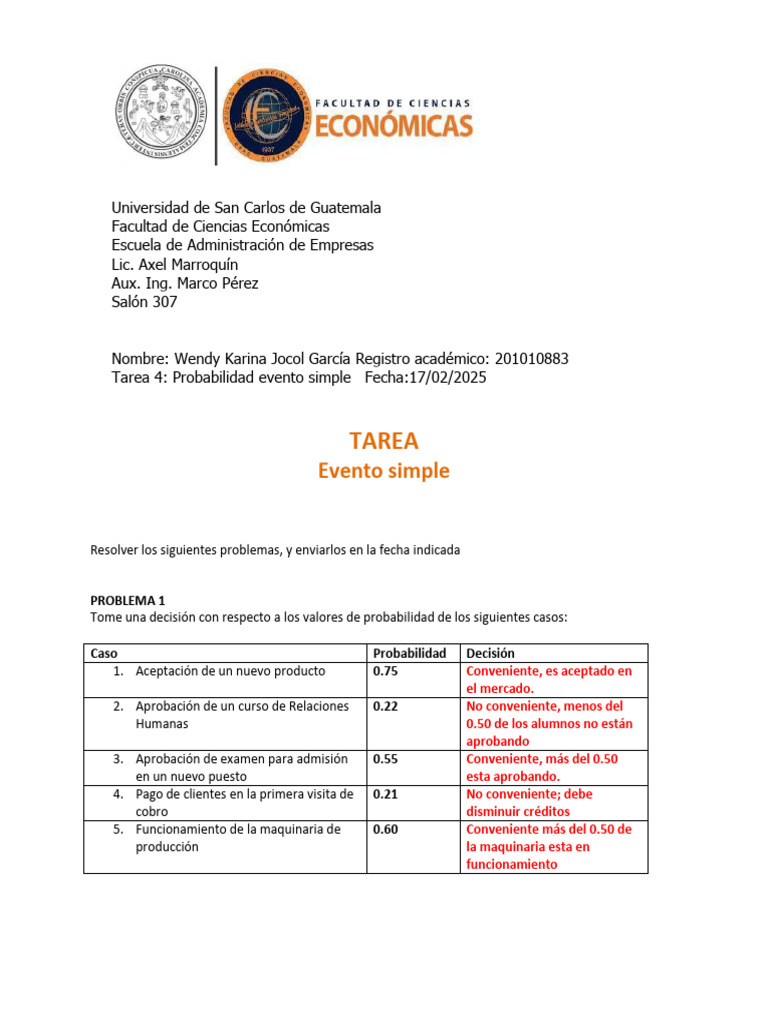 tarea probabilidad evento simple | PDF | Economias