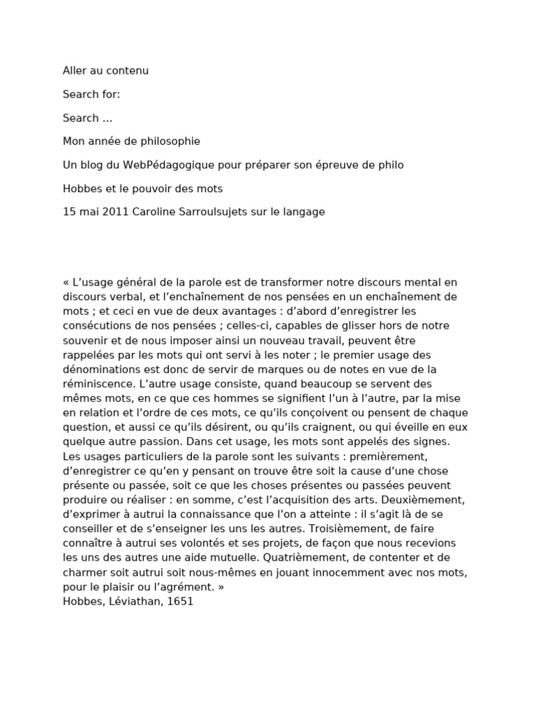 Le pouvoir des mots selon Hobbes | PDF | la communication | Mémoire