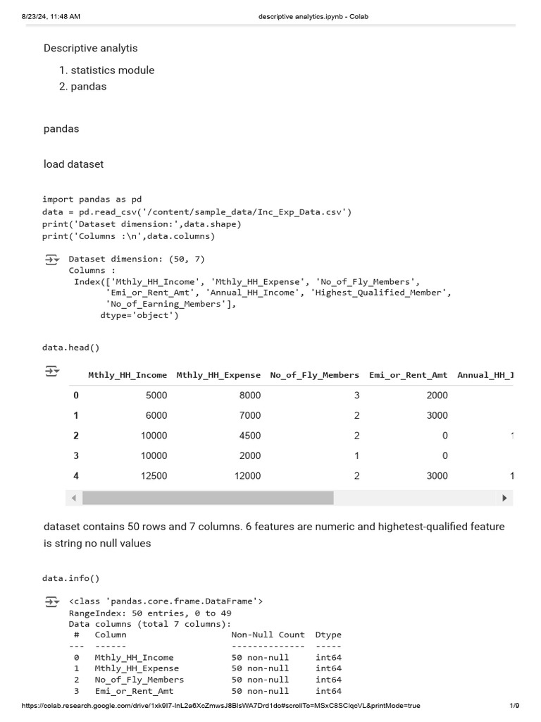 Descriptive Analytics2 Ipynb Colab Pdf Data Statistics