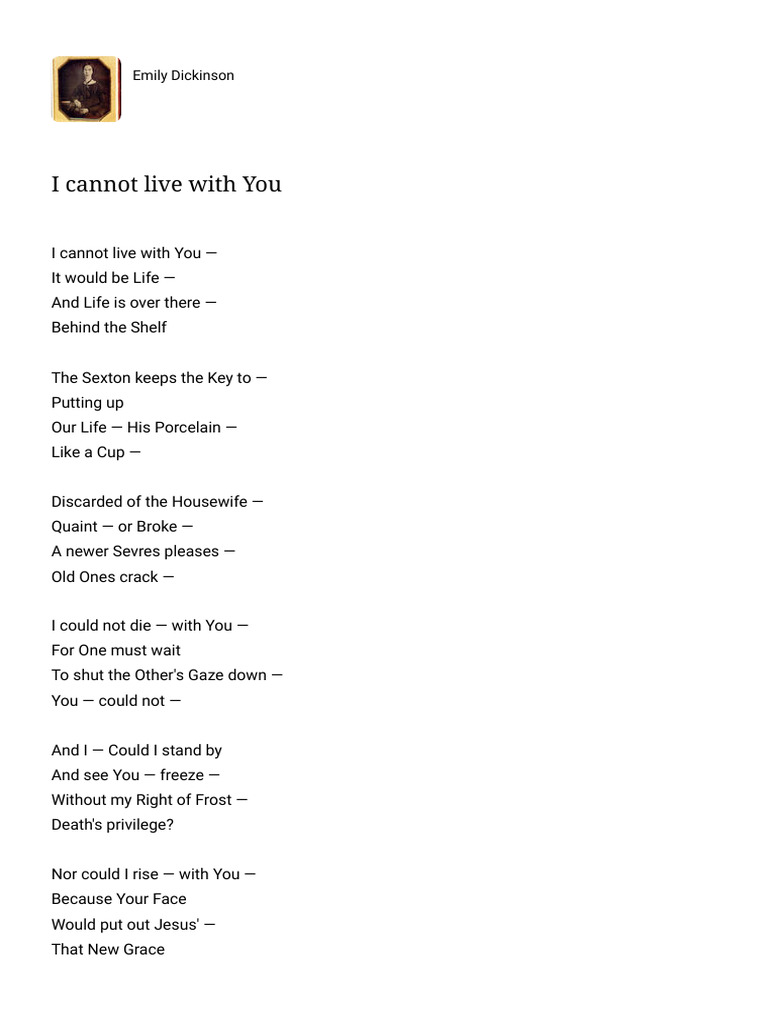 I Cannot Live With You by Emily Dickinson - Famous Poems, Famous Poets ...