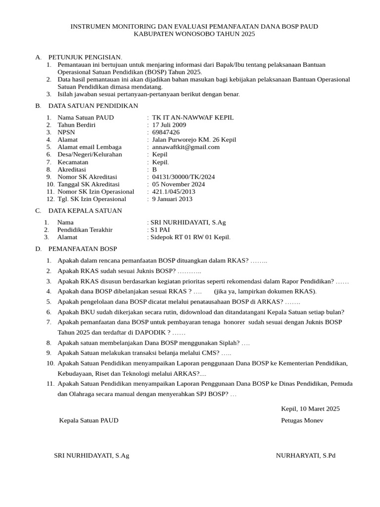 INSTRUMEN MONITORING DAN EVALUASI PEMANFAATAN DANA BOSP PAUD (2) | PDF