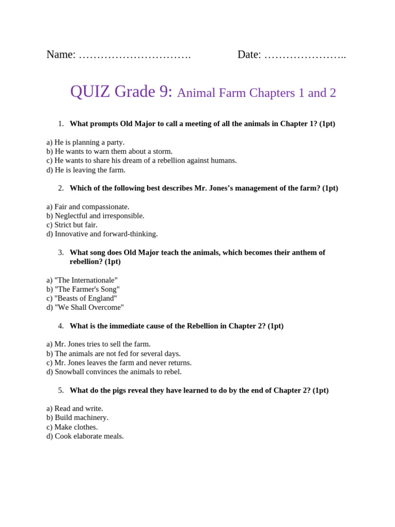 Chap 1 and 2 Animal Farm QUIZ | PDF
