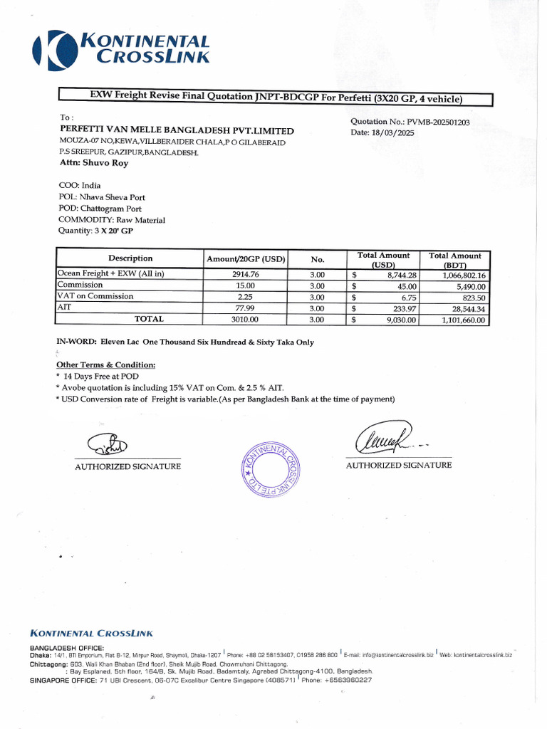 EXW Freight Revise Final Quotation JNPT-BDCGP for Perfetti (3x20 GP, 4 ...