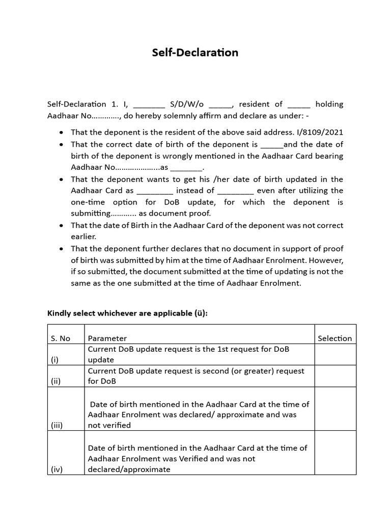 Aadhaar Self Declaration Form | PDF
