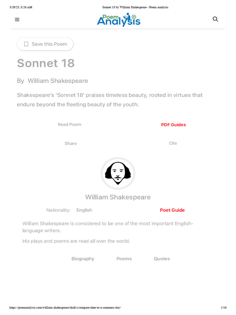 Sonnet 18 by William Shakespeare - Poem Analysis | PDF | Poetry ...