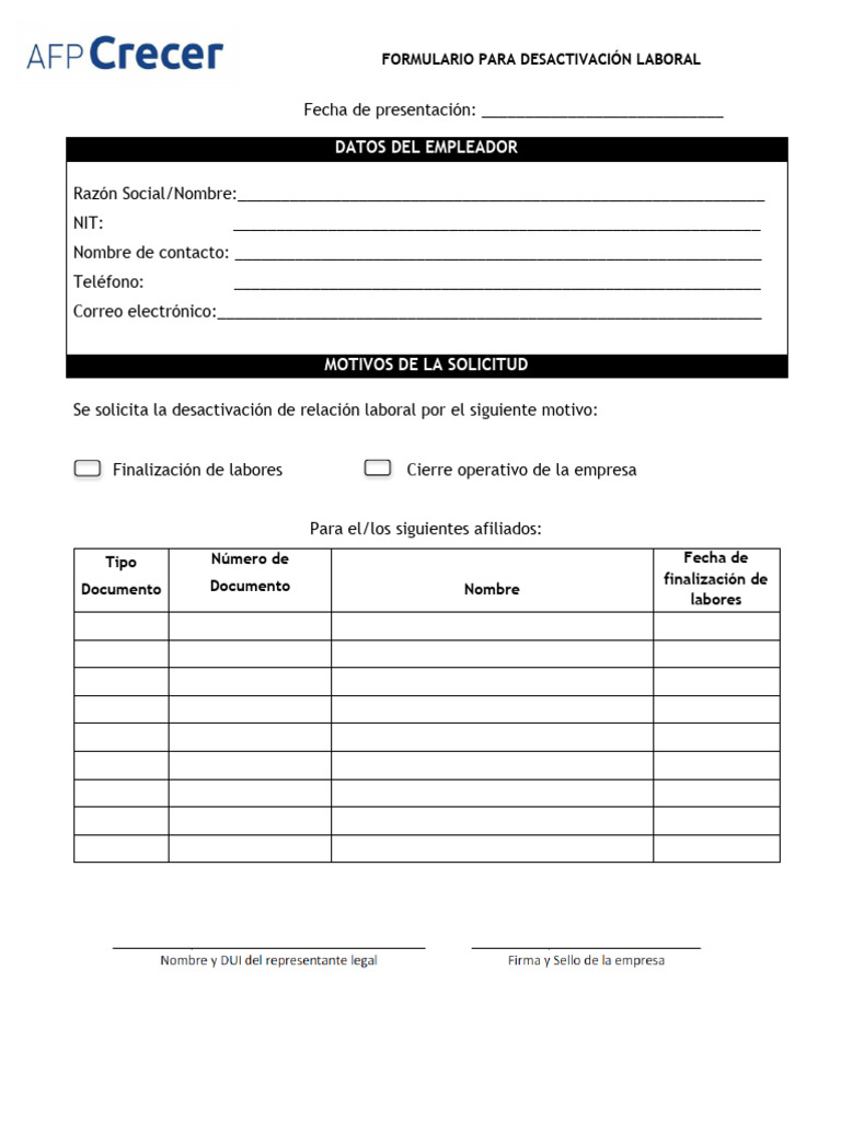 Formulario de Desactivación Laboral | PDF