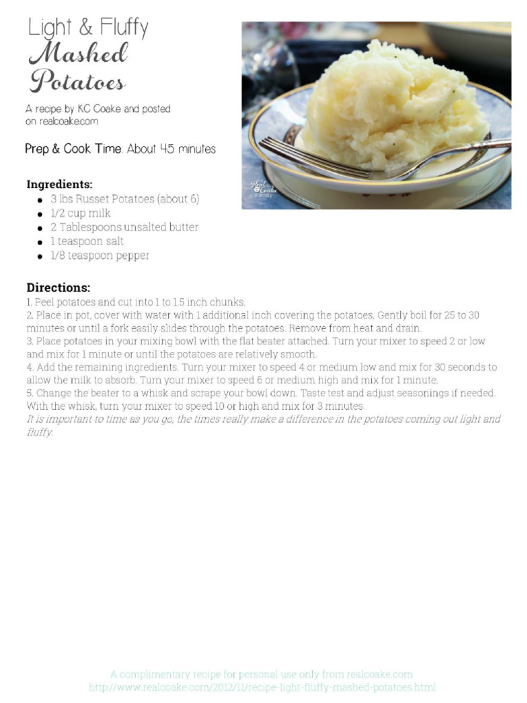 Mashed Potato Recipe Revised | PDF