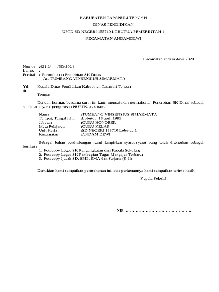 surat permohonan penerbitan SK Dinas[1] | PDF