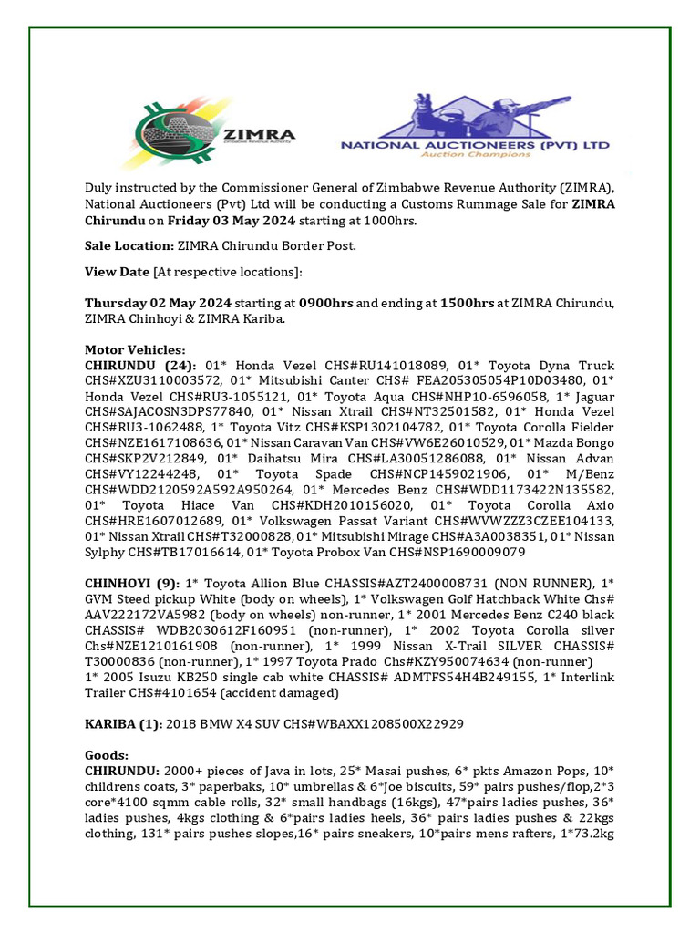 ZIMRA Customs Rummage Sale Details | PDF | Toyota | Nissan
