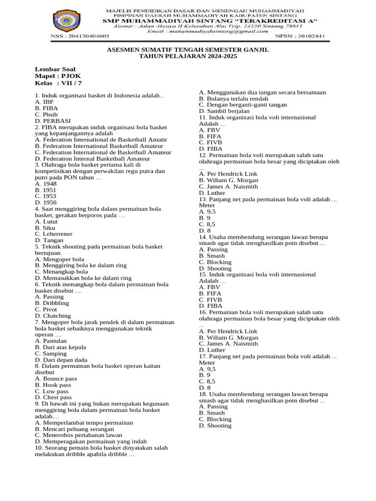 Asts Pjok Ganjil 2024 Kelas 7 | PDF