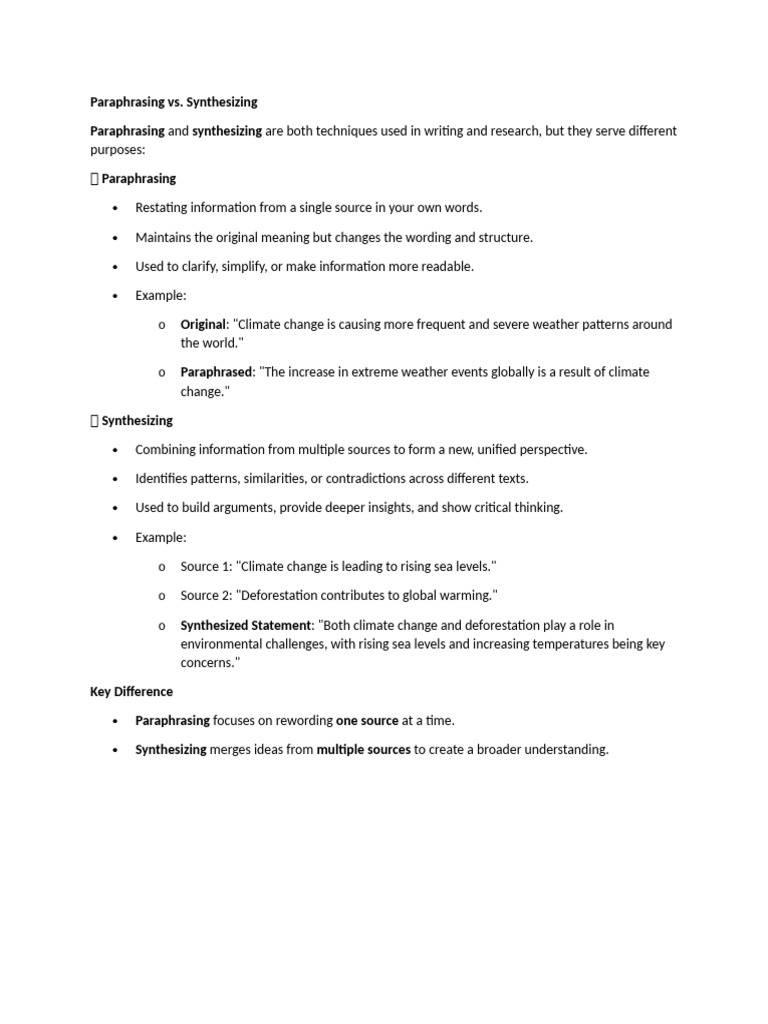 Paraphrasing Vs Synthesizing | PDF