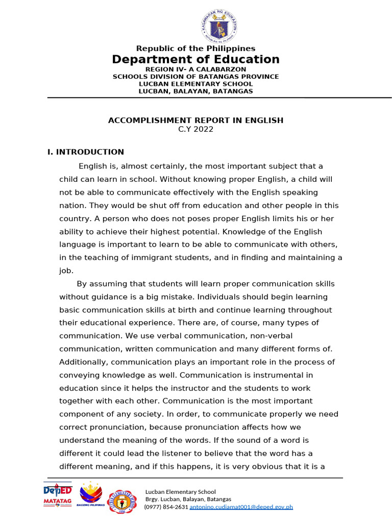 LES Accomplishment Report in English | PDF | Communication | English ...