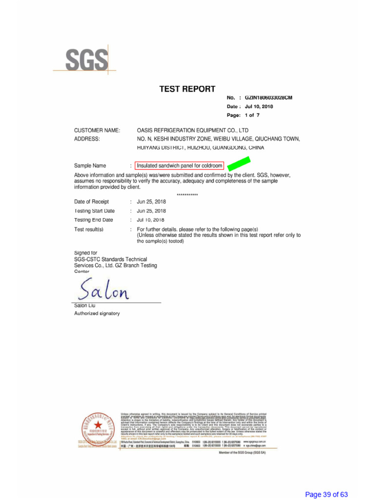 LMV - Cold Storage Sandwich Panel - Test Report | PDF