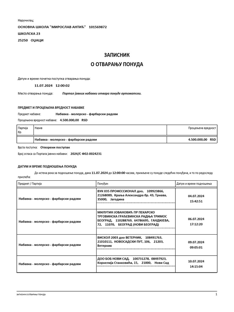 Zapisnik o Otvaranju Ponuda Miroslav Antic Odzaci | PDF