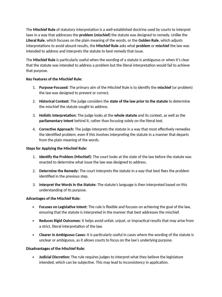The Mischief Rule of Statutory Interpretation is a Well | PDF ...