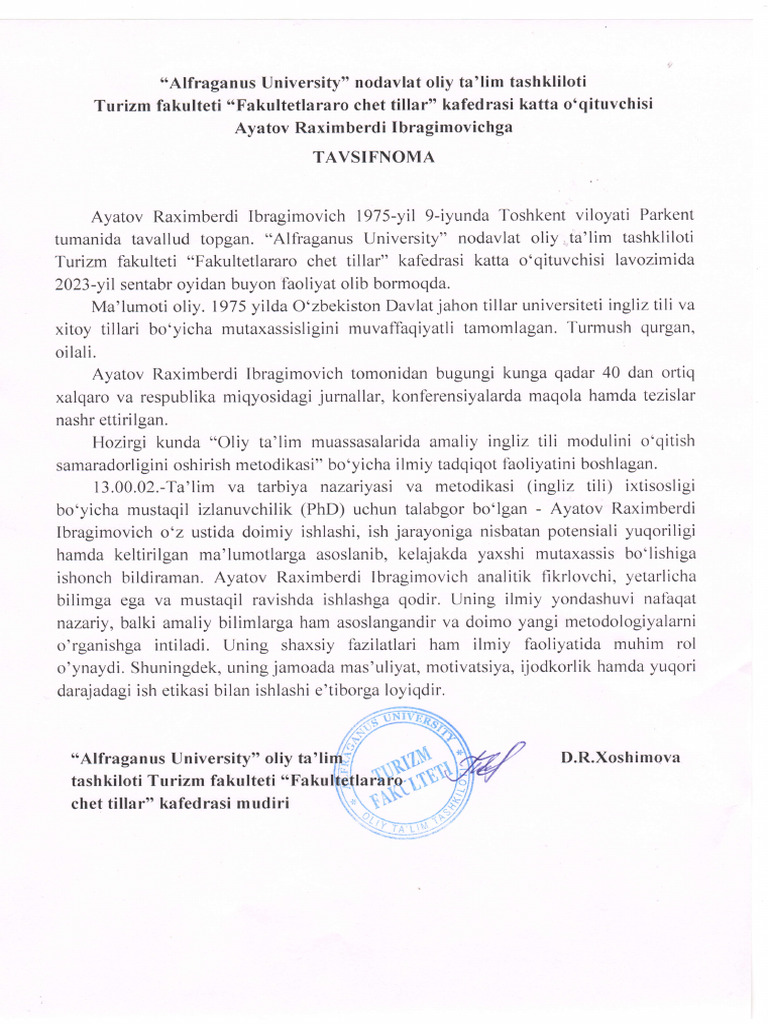 Tavsifnoma R.I.ayatov | PDF