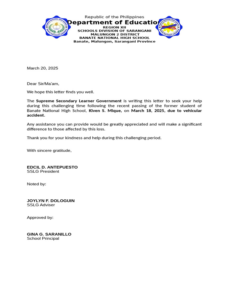 SSLG Solicitation Letter Format For Finacial Death Aid (MIQUE) | PDF