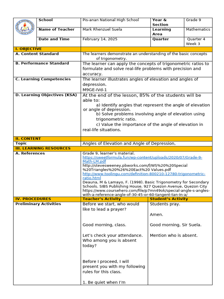 Detailed Lesson Plan Grade 9 | PDF | Trigonometric Functions | Trigonometry