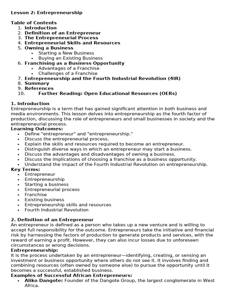 MNB1501 - Lesson 2 - Study Notes | PDF | Entrepreneurship | Franchising