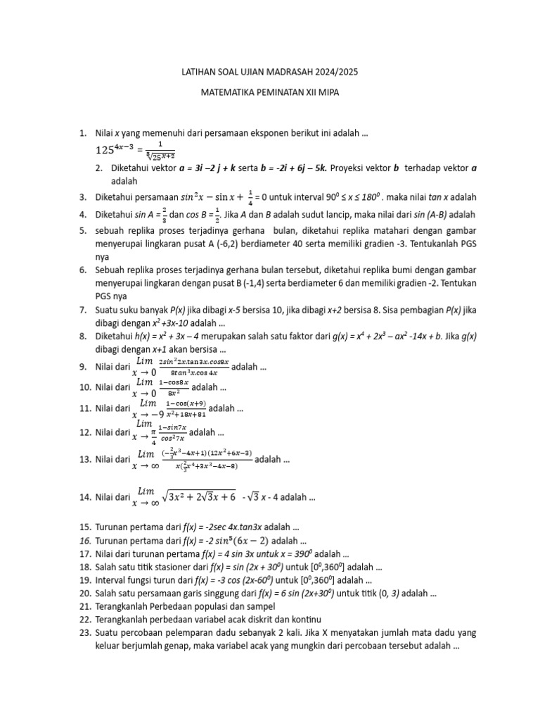 LATIHAN SOAL UJIAN MADRASAH 2024 MTK P | PDF